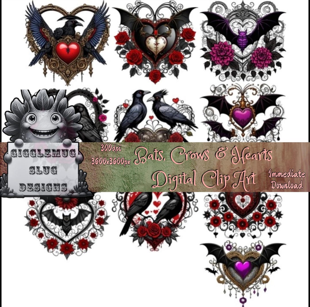 Steampunk Romantic Bats and Crows Clipart Instant Download Halloween ...