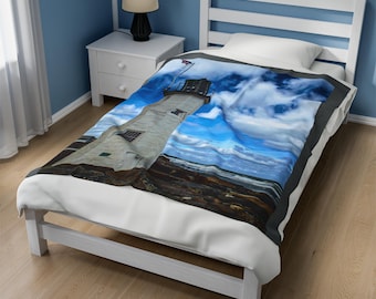 Pomham Rocks Rhode Island Lighthouse Velveteen Blanket | Cozy Coastal ...