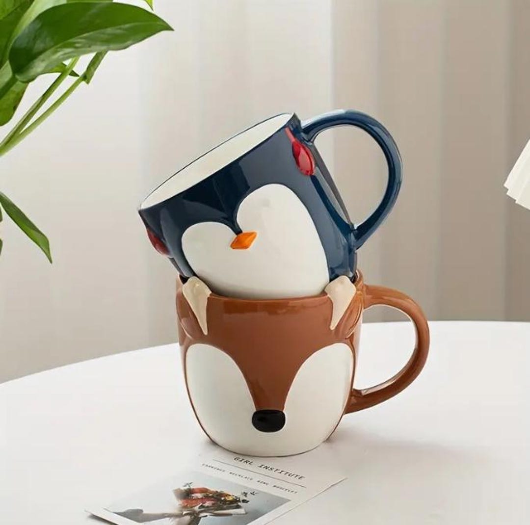 Charming Ceramic Fox & Penguin Mugs 15oz - Etsy