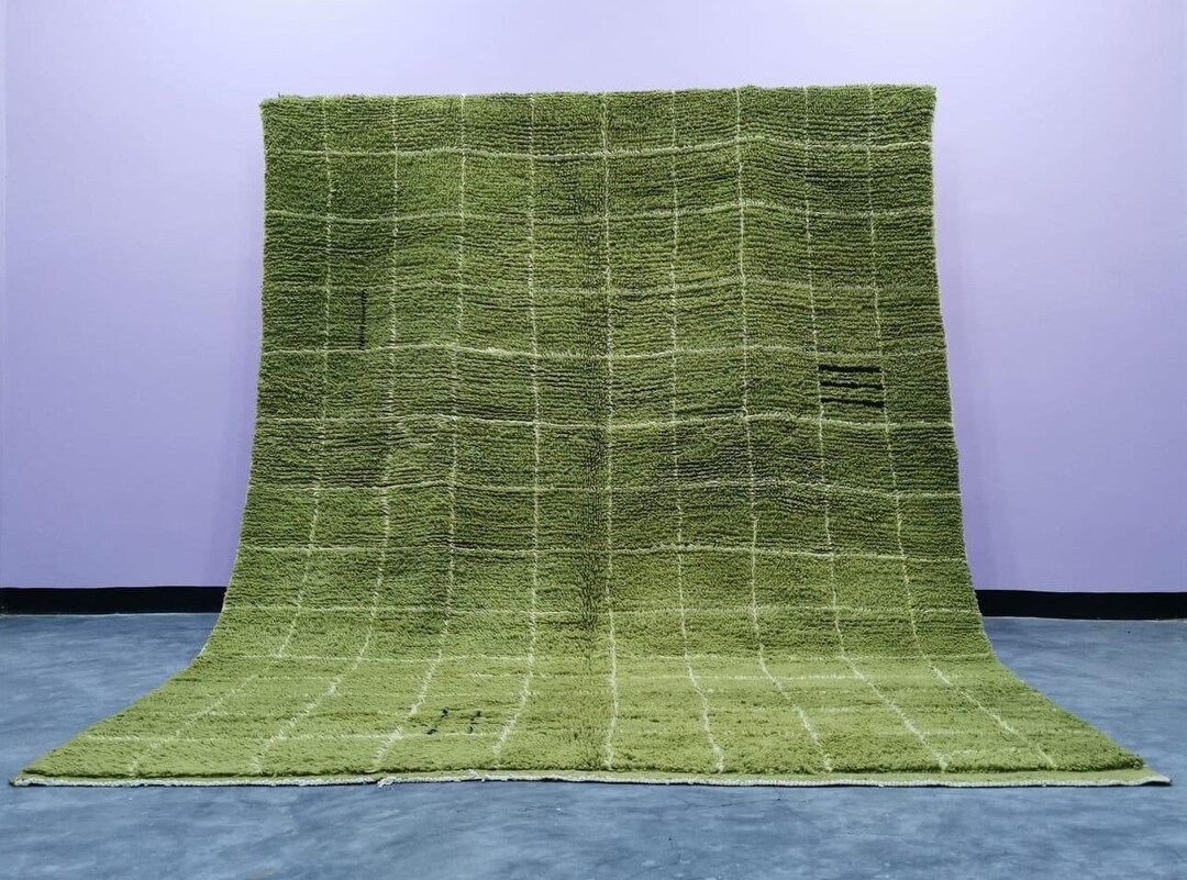 Handmade Olive Green Moroccan Rug Grid Pattern Berber Rug, Wool Beni ...