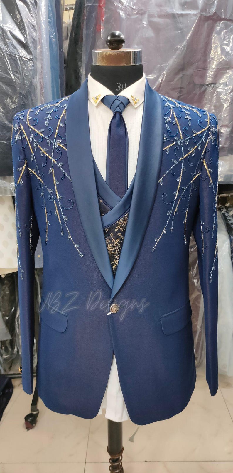 Custom Blue Embroidered Wedding Suit: Five-piece Tuxedo - Etsy