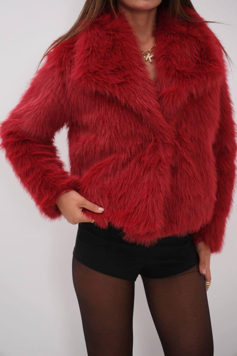 Shawl Collar Red Faux Fur Jacket Fluffy Long Sleeve Women's Elegant ...
