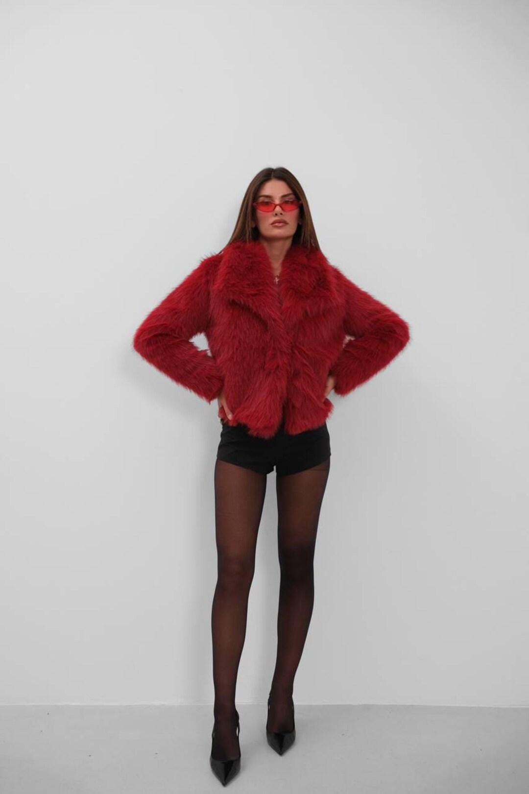 Shawl Collar Red Faux Fur Jacket Fluffy Long Sleeve Women's Elegant ...