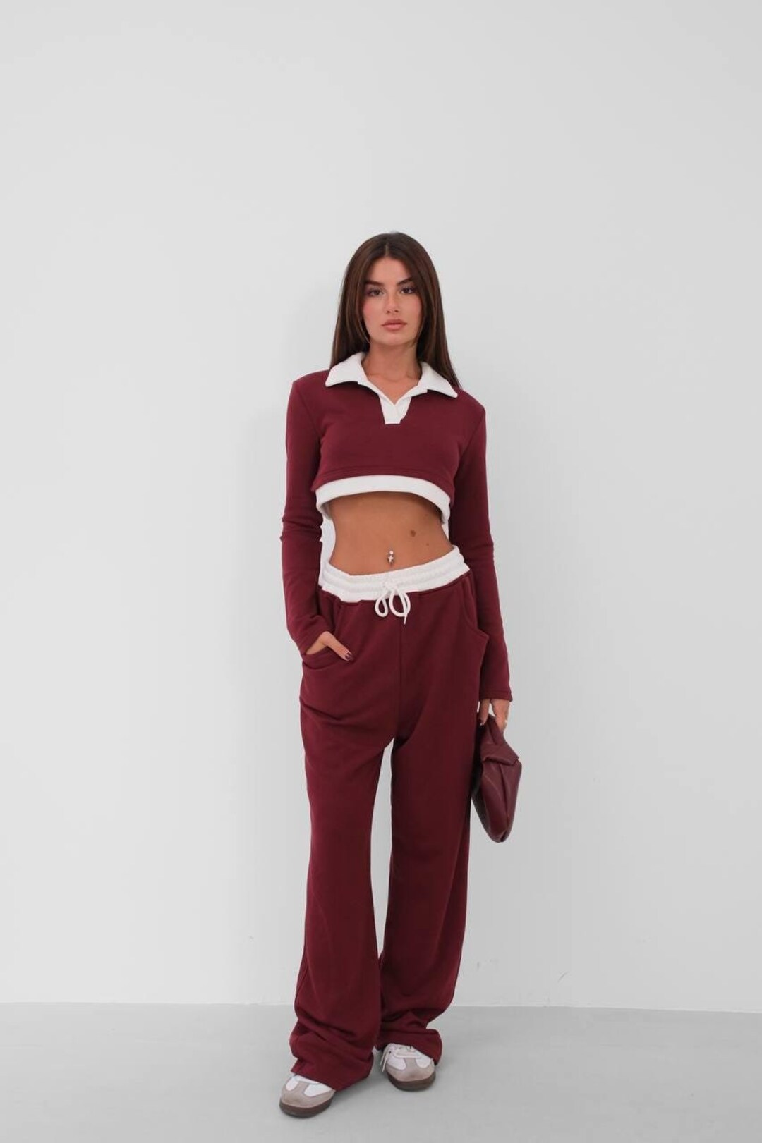 Christmas Burgundy Lounge Set Cozy Collared Crop Top and High-waisted ...