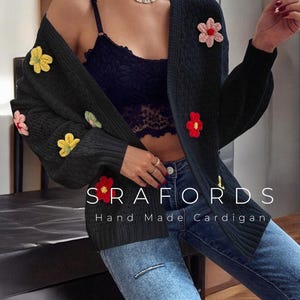 Floral Patched Black Cardigan Knitted Drop Shoulder Cardigan for Woman ...