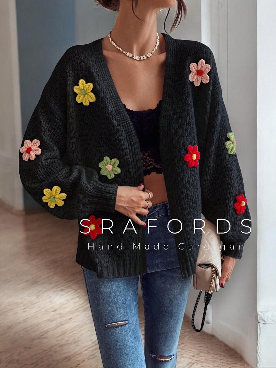 Floral Patched Black Cardigan Knitted Drop Shoulder Cardigan for Woman ...