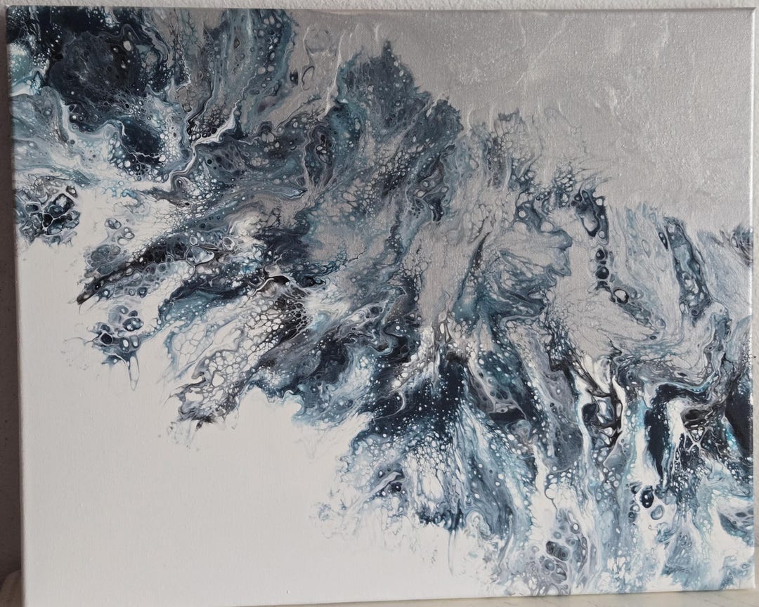 Original Silver Blue Wave Abstract Pour Painting Blowout Technique - Etsy