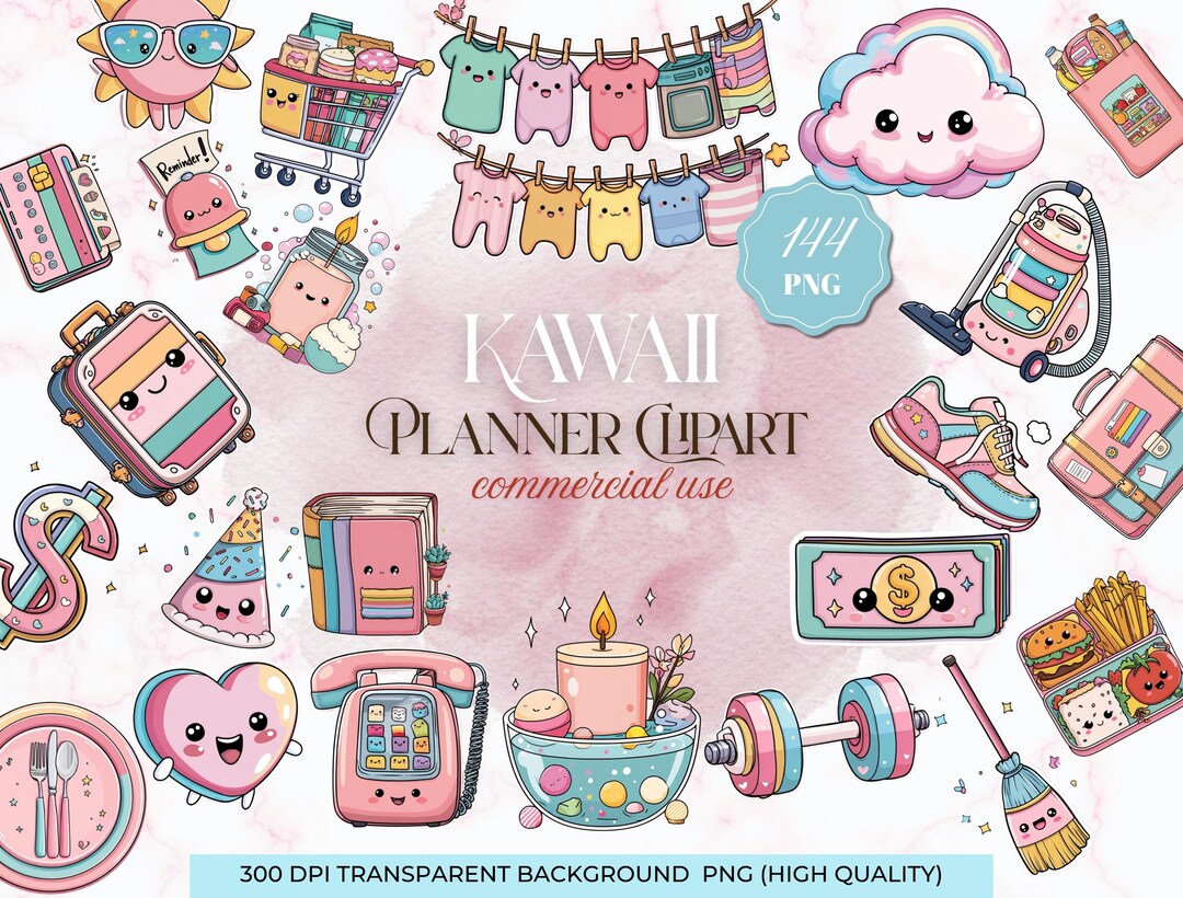 Kawaii Planner Clipart PNG | Cute Daily Life Icons | Pastel Kawaii ...