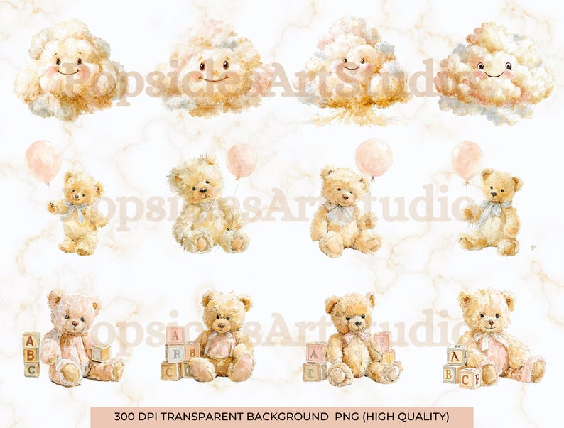 Baby Beige Teddy Bear Clipart Bundle | Neutral Nursery Watercolor PNG ...