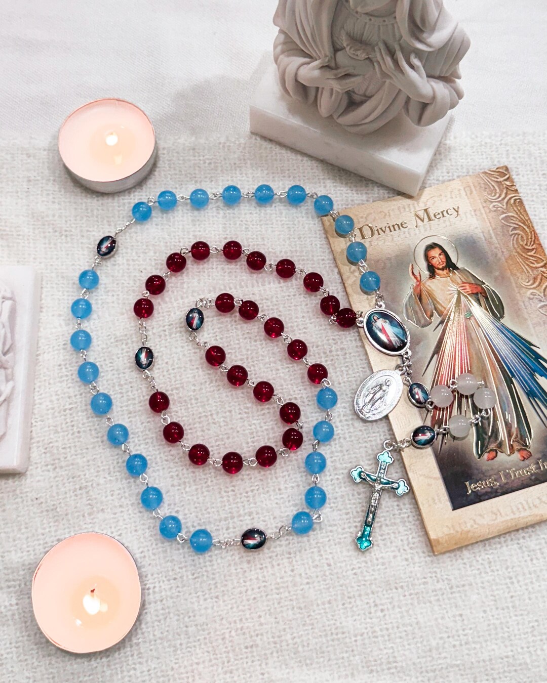 Rays of Divine Mercy Catholic Rosary | Blue and Red Glass Beads ...
