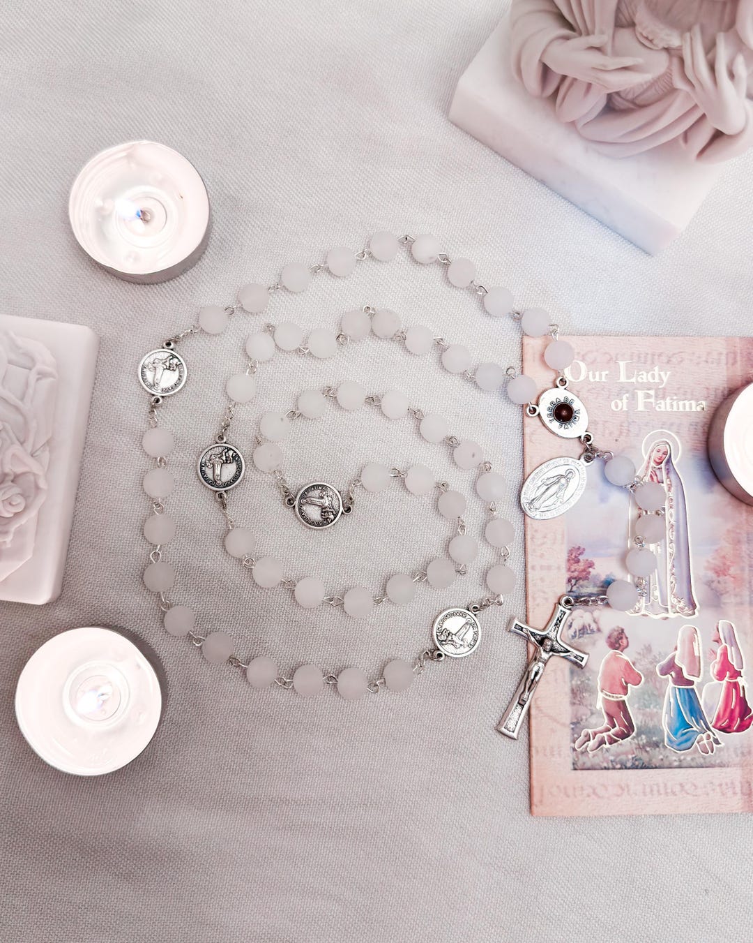Matte White Fatima Seers Rosary | Soil From Fatima Center | Matte ...