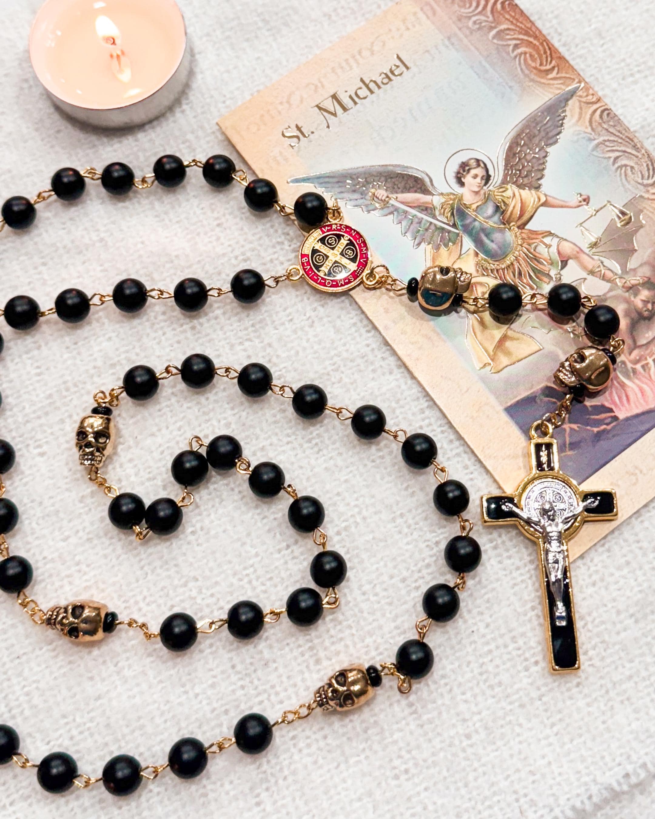 Memento Mori Catholic Rosary: Matte Black Onyx and Gold Skull Beads ...