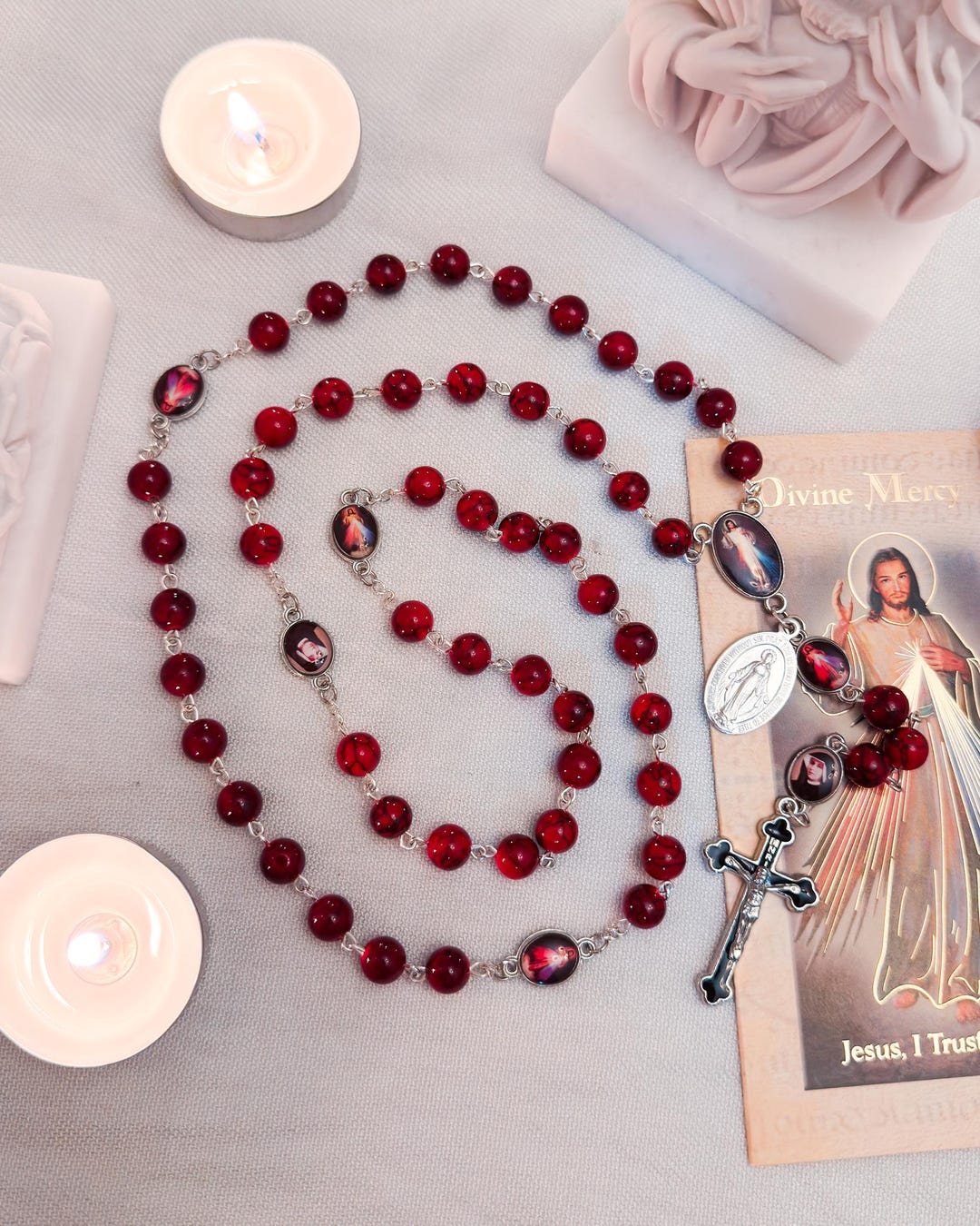 Divine Mercy Chaplet Rosary: Red Howlite Prayer Beads, Black Enamel ...