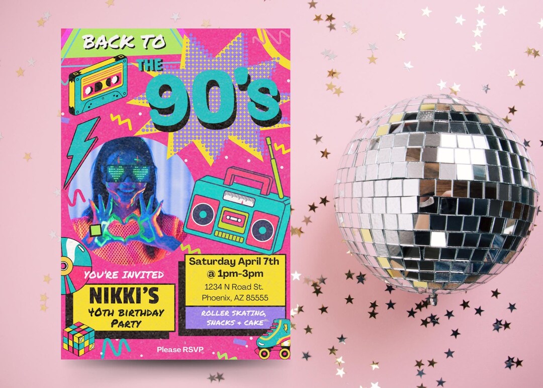 90s Birthday Party Invitation | Retro 90s Theme Invite Template - Etsy