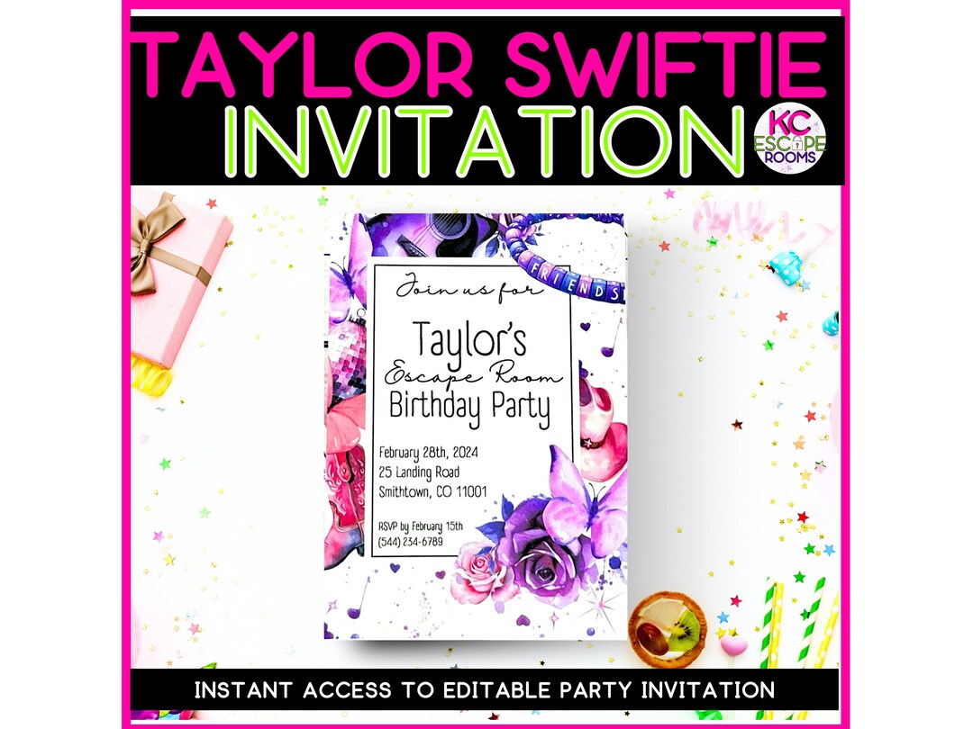 Taylor Swiftie Invitation - Girls Birthday Invite - Pink - Purple ...