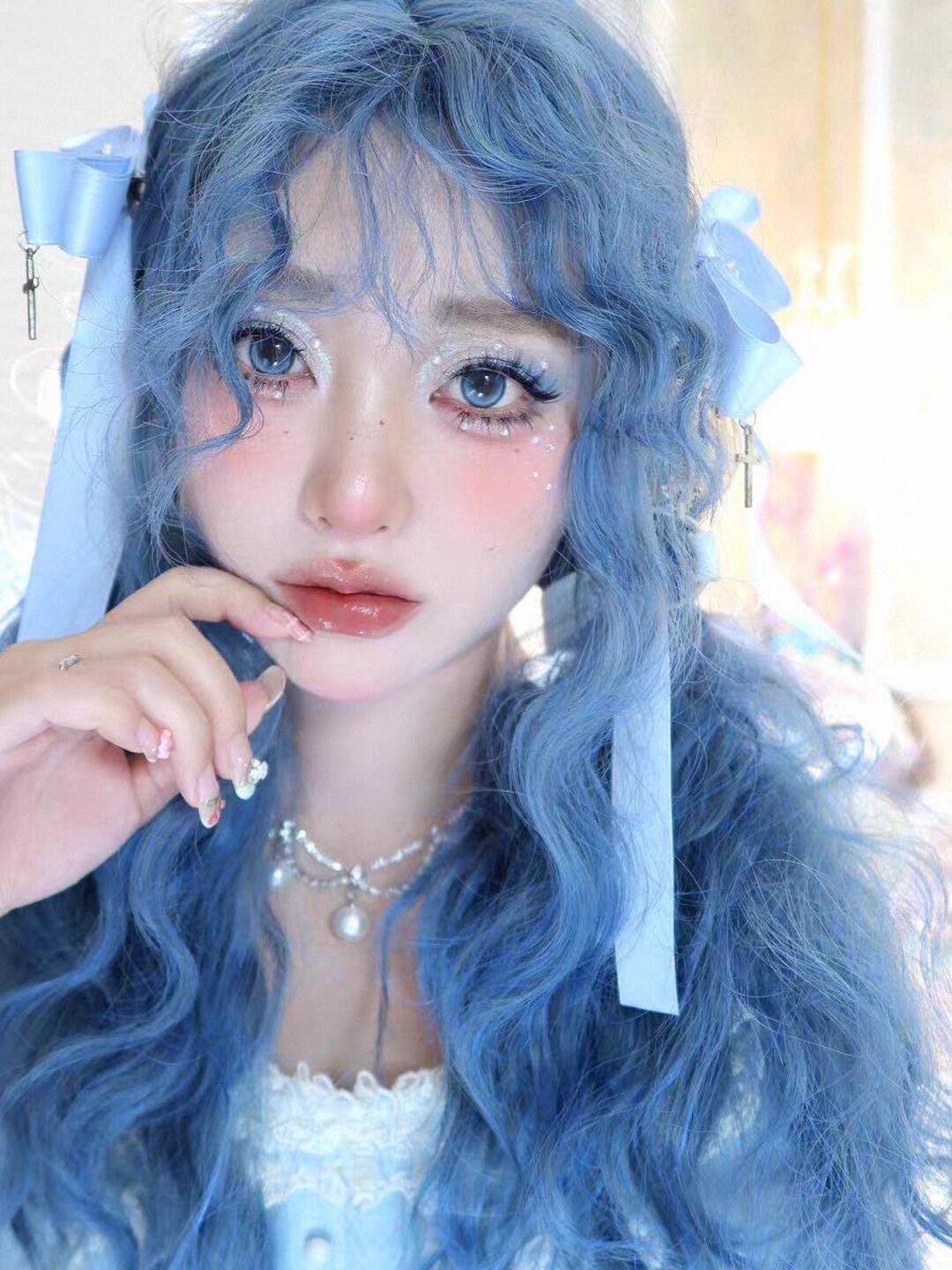 Elegant Sky Blue Female Full Head Cover Cos 60cm Long Wool Curly Lolita ...