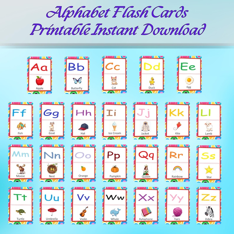 Printable Alphabet Flash Cards: Letters With Images (digital Download ...