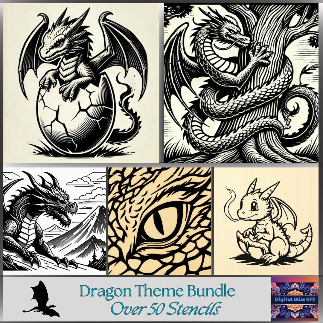 Dragon 50 Pack Wood Burning Pattern, Original, PNG Files, Unique ...