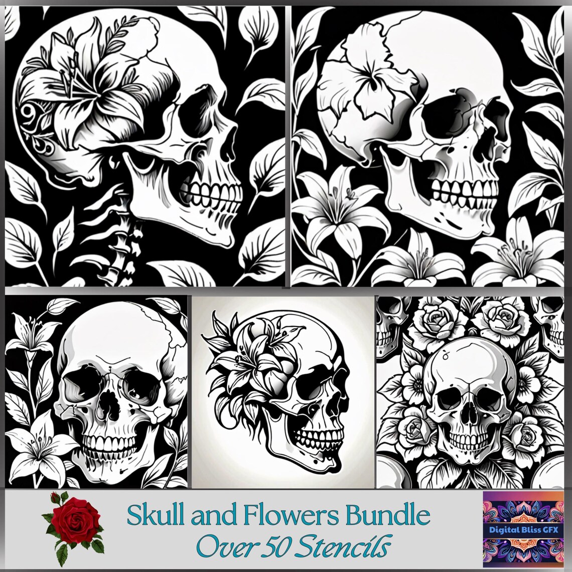 Skull and Flowers Wood Burning Pattern 50 Pack, Template, 512x512 PNG ...