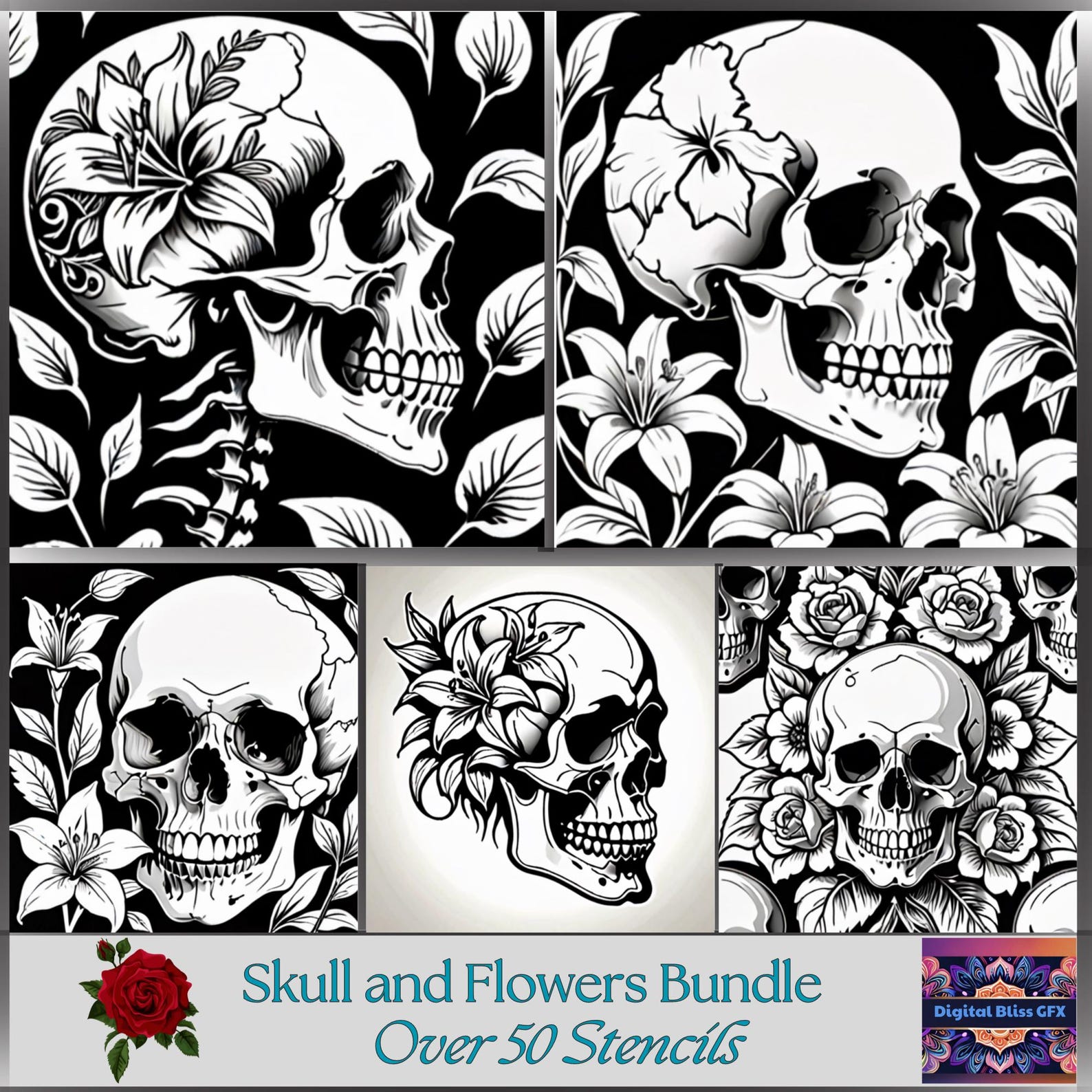Skull and Flowers Wood Burning Pattern 50 Pack, Template, 512x512 PNG ...