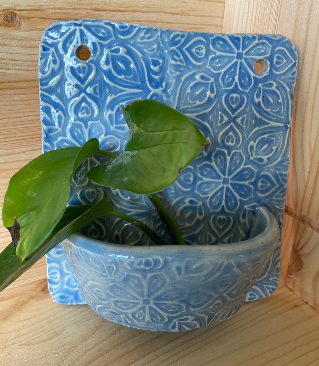 Ceramic Wall Planter Textured Backing Sky Blue Glaze - Etsy