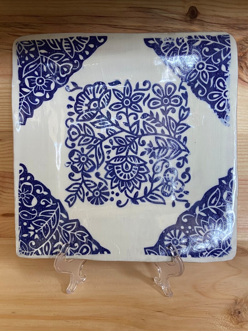 Large Square Ceramic Platter — Navy Blue Filagree Design - Etsy