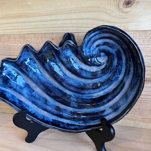 Handmade Ceramic Dish — Scallop Shape, Shades of Blue, Raspberry Pink ...