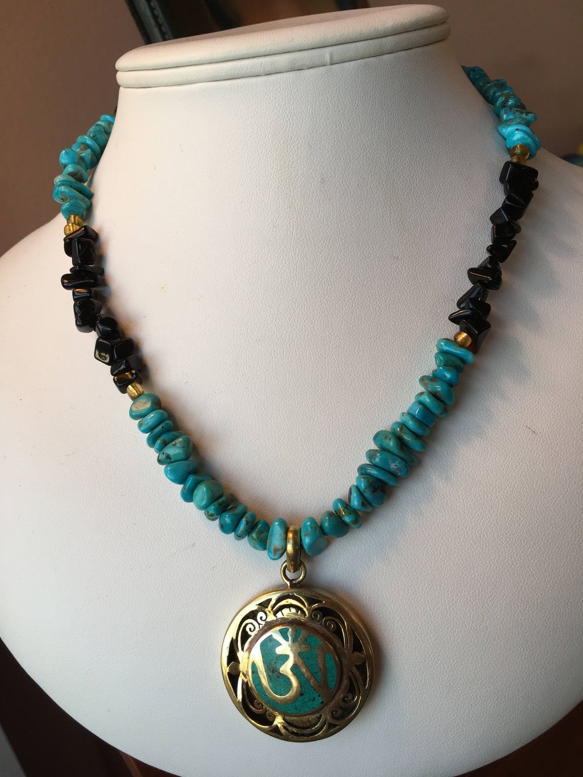 Necklace — Tibetan Pendant, Inlay Turquoise Om, Nuggets of Black ...