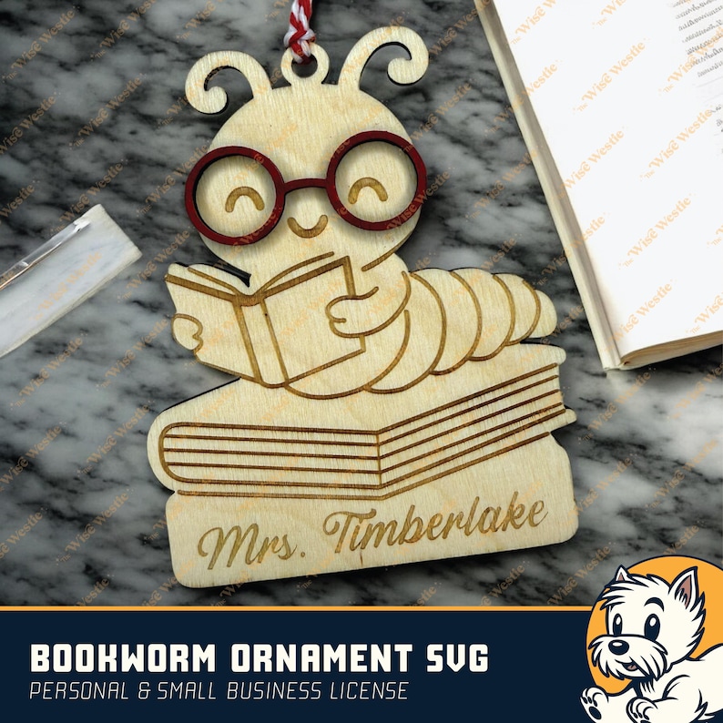Bookworm Ornament SVG – Cute Laser Cut File for Teachers or Book Lovers ...