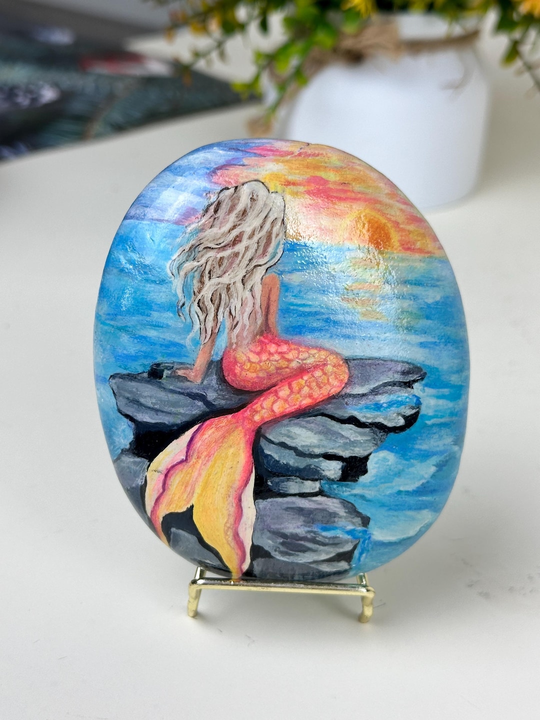 Stone Painted Mermaid Sitting on the Sea Watching the Sunset Paint Art ...