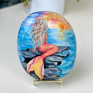 Stone Painted Mermaid Sitting on the Sea Watching the Sunset Paint Art ...
