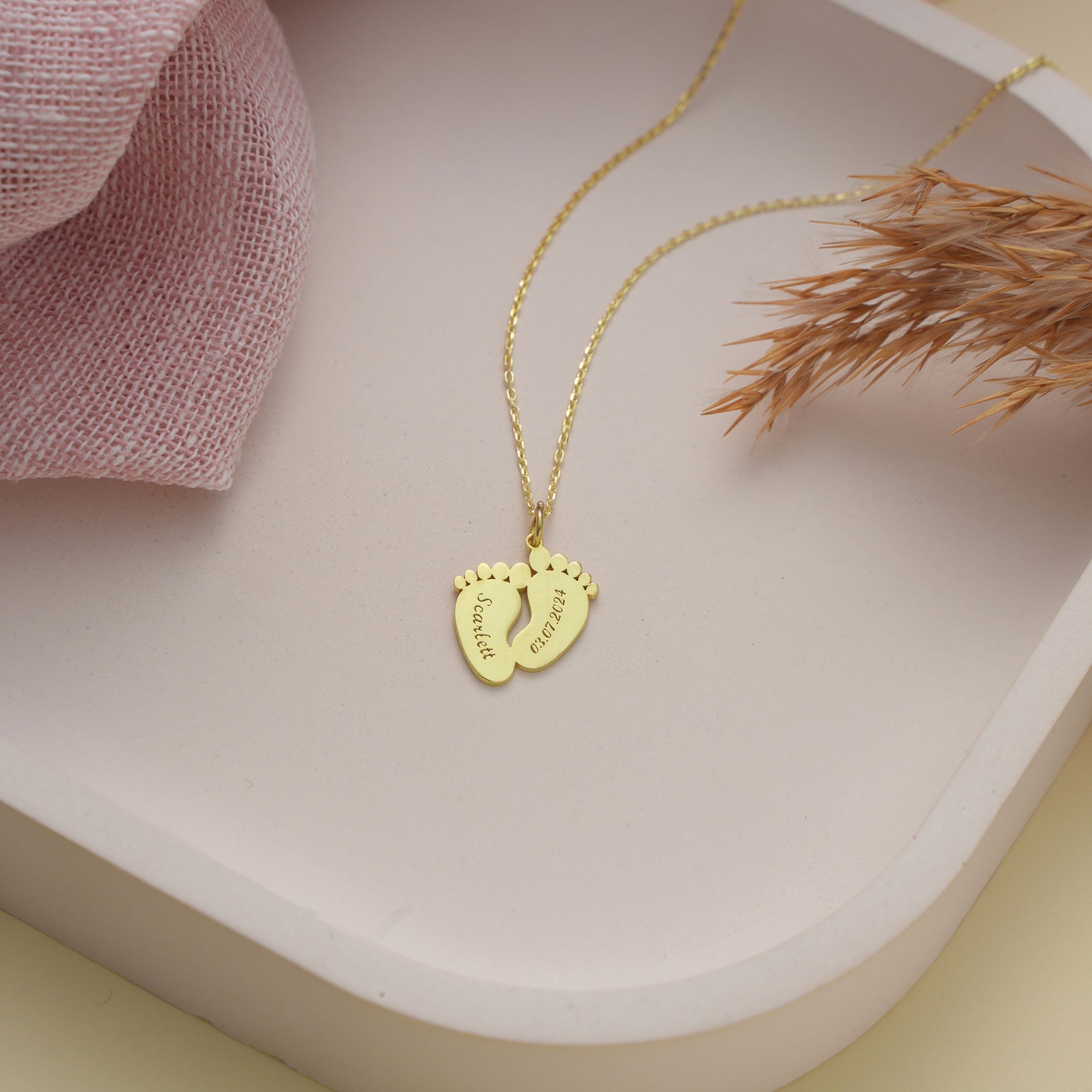 Personalized Gold Footprint Necklace Your Name Date in Gold Footprint ...