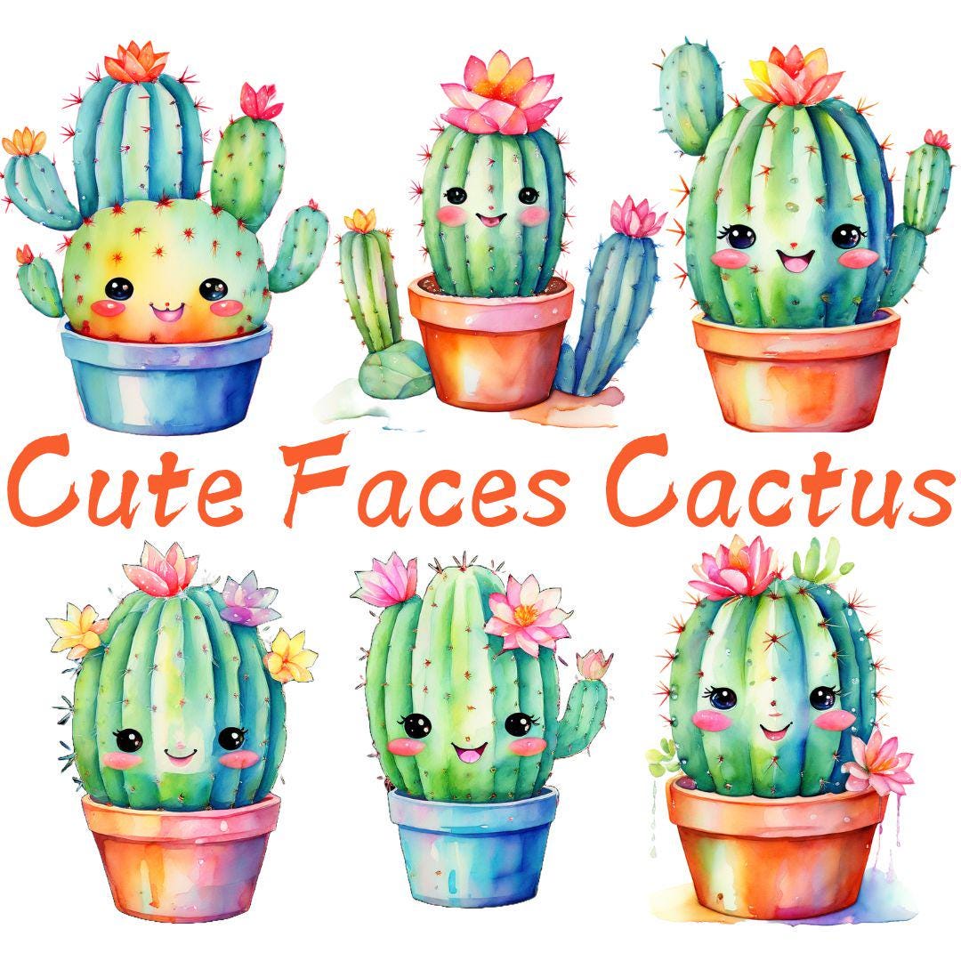 Adorable Watercolor Cactus Clip Art Set Cute Faces, Colorful Succulents ...
