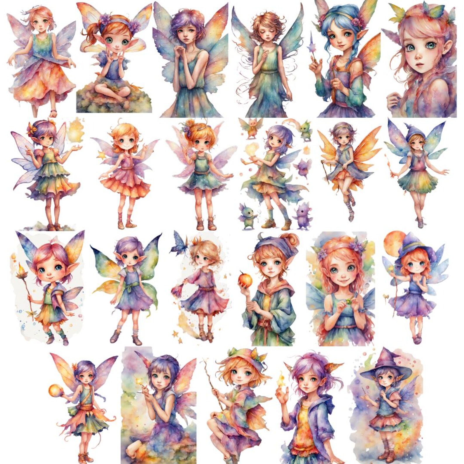 Whimsical Pixie Watercolor Clip Art Colorful Fairy Magic Digital ...