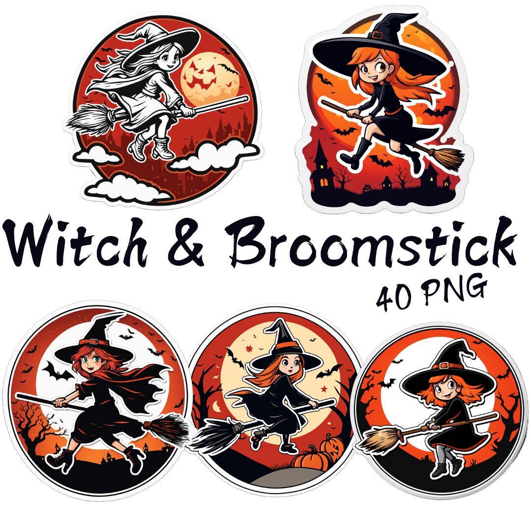 Flying Witch and Broomstick Clip Art Set Ai-generated Stickers 40 PNG ...