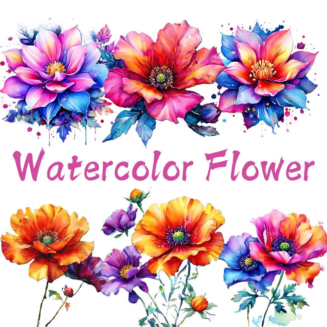 Colorful Watercolor Flower Clip Art Set Hand-painted Floral Blooms ...
