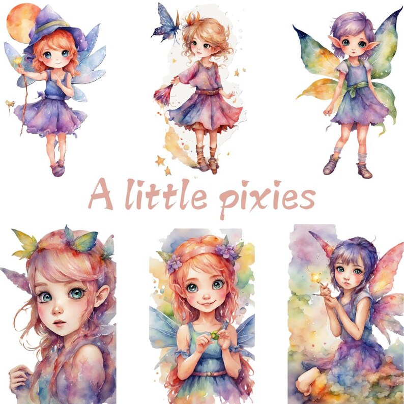 Whimsical Pixie Watercolor Clip Art Colorful Fairy Magic Digital ...