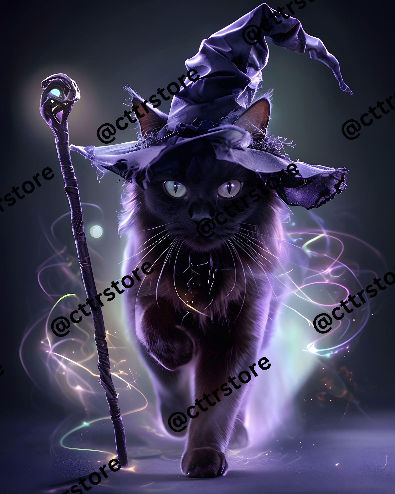Charming Witch Cat Halloween Wall Art Watercolor Black Cat With Witch ...