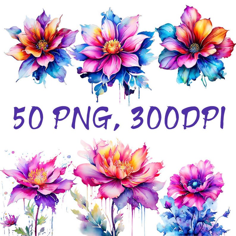 Colorful Watercolor Flower Clip Art Set Hand-painted Floral Blooms ...