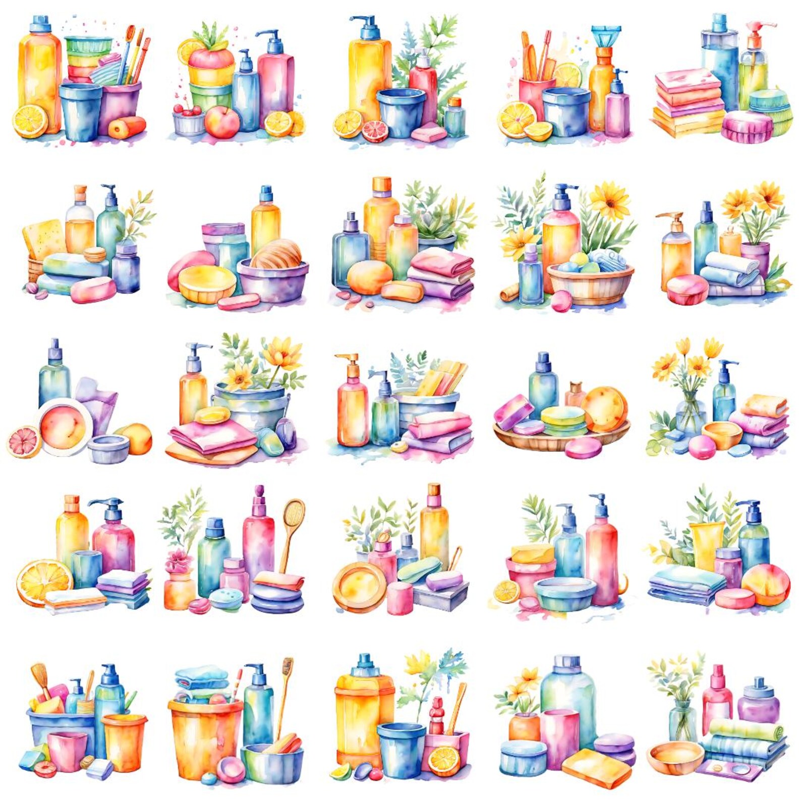 Colorful Watercolor Bathroom Essentials Clip Art Set Towels, Bottles ...