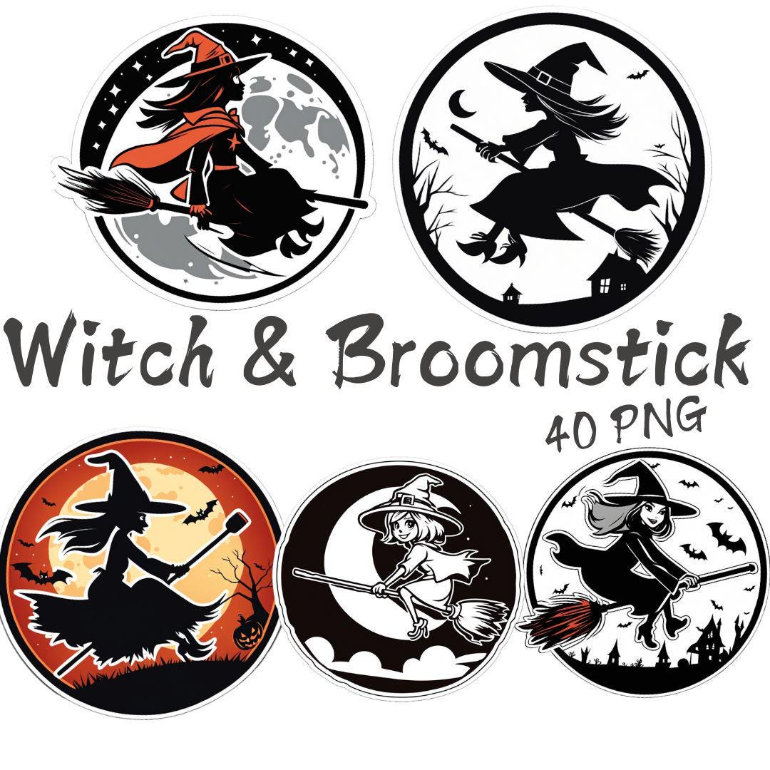 Vintage Witch and Broomstick Clip Art Collection Ai-generated Stickers ...