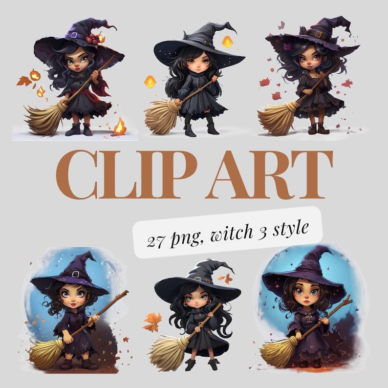 Cute Witch Clip Art Set Enchanting Designs in 3 Magical Styles Digital ...