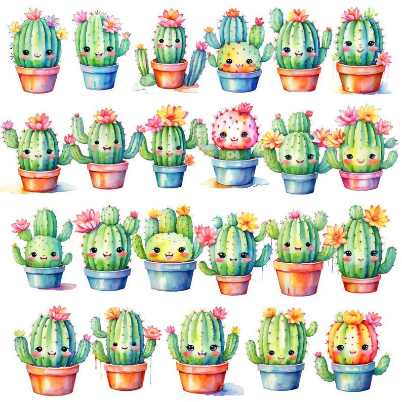 Adorable Watercolor Cactus Clip Art Set Cute Faces, Colorful Succulents ...