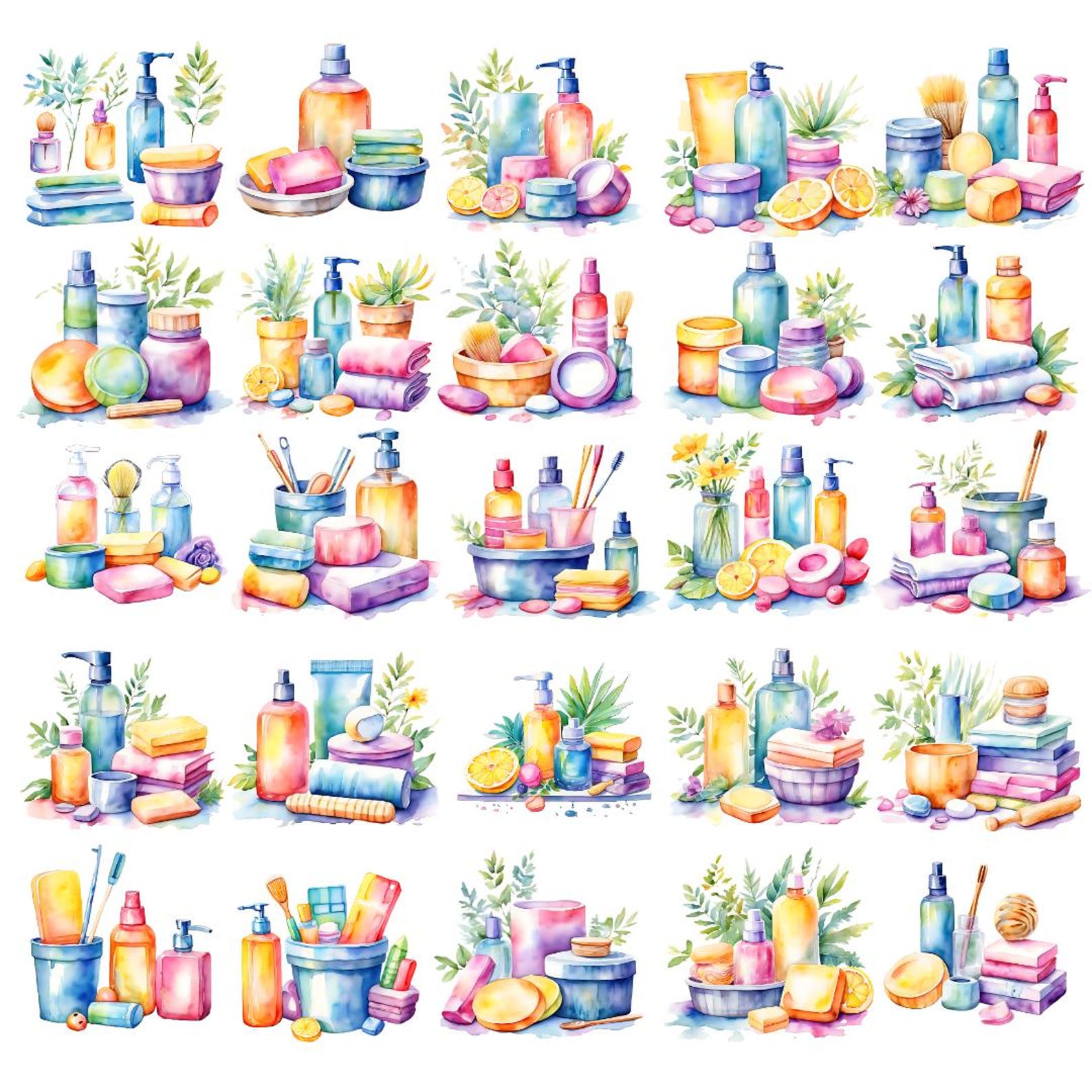 Colorful Watercolor Bathroom Essentials Clip Art Set Towels, Bottles ...