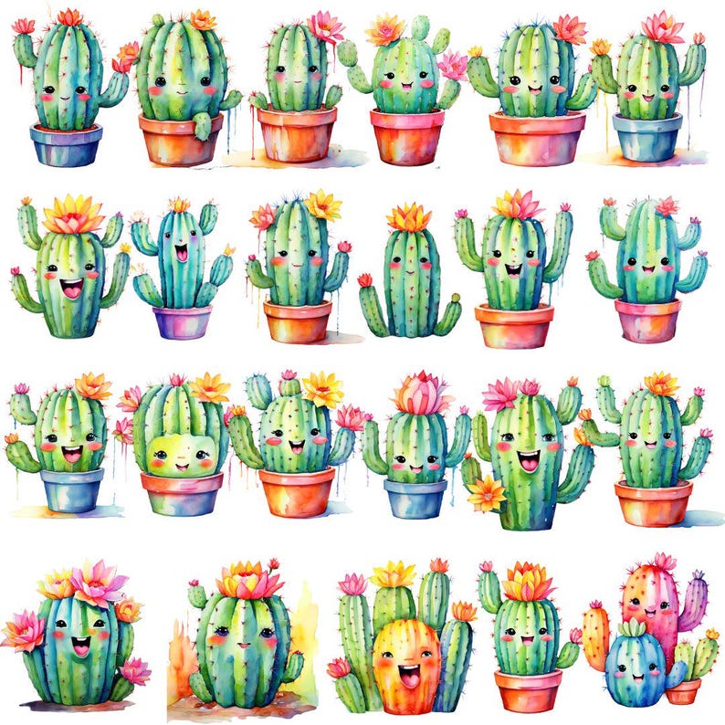Adorable Watercolor Cactus Clip Art Set Cute Faces, Colorful Succulents ...