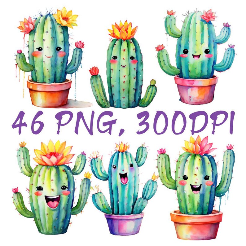 Adorable Watercolor Cactus Clip Art Set Cute Faces, Colorful Succulents ...