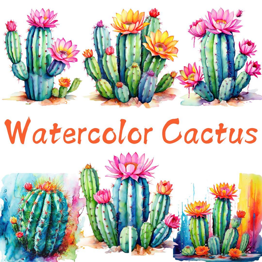 Colorful Watercolor Cactus Clip Art Set Succulents, Desert Plants, Pots ...