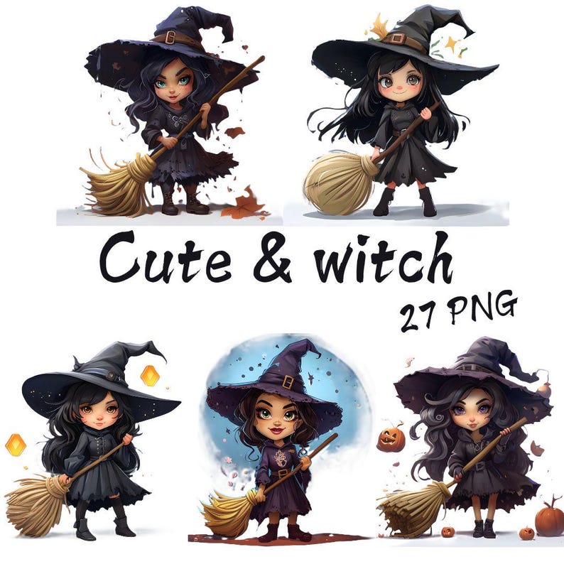 Cute Witch Clip Art Set Enchanting Designs in 3 Magical Styles Digital ...