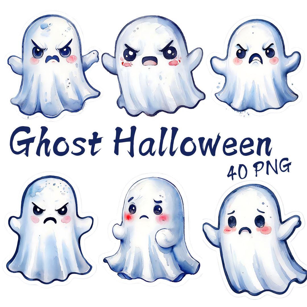 Spooky Cute Ghost Clip Art Set Watercolor Halloween Graphics for DIY ...