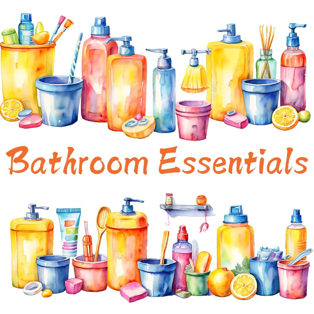 Colorful Watercolor Bathroom Essentials Clip Art Set Towels, Bottles ...